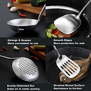 NIITAWH Wok Utensils for Carbon Steel, Stainless Steel Wok Spatula Metal, 4-Pieces 17 Inch Extra Long, Wok Tools Professional Set, Wooden Handle Skimmer, Soup Ladle, Slotted Turner
