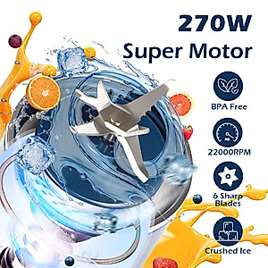 ALLSUN Portable Blender 270W Personal Blender for Shakes and Smoothies, 16 Oz Travel Cup with Lid and 6 Sharp Blades, 2400mAh USB-C Rechargeable Handheld Juicer Cup for Office/Kitchen/Gym/Outdoor