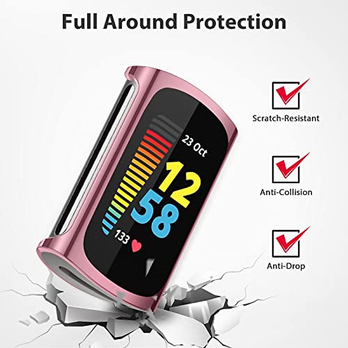 4 PACK Screen Protector Compatible with Fitbit Charge 5(NOT for Charge 4/3),TPU All-Around Protective Case Cover Rugged Bumper Shell Accessories for Charge5 Smartwatch,Black/Silver/Rose Gold/Rose Pink