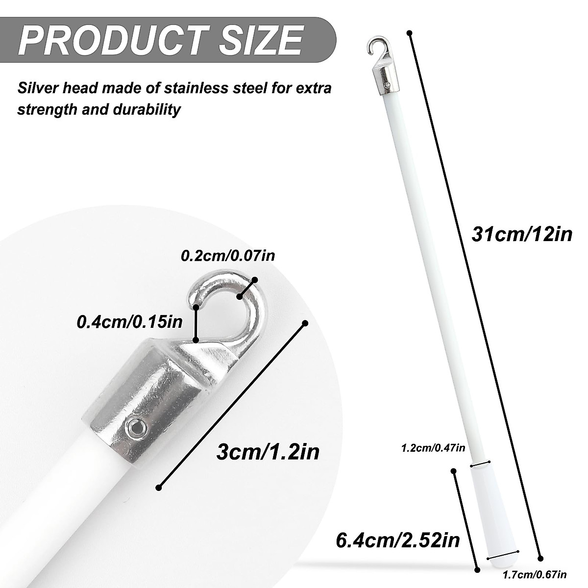 12 Inch White Fiberglass Blind Wand with Metal Hook, Window Blind Tilt Wand, Vertical Blind Wand Control Replacement Parts, Handle Curtain Stick Blind Rods for Opener Accessory, 1Pcs