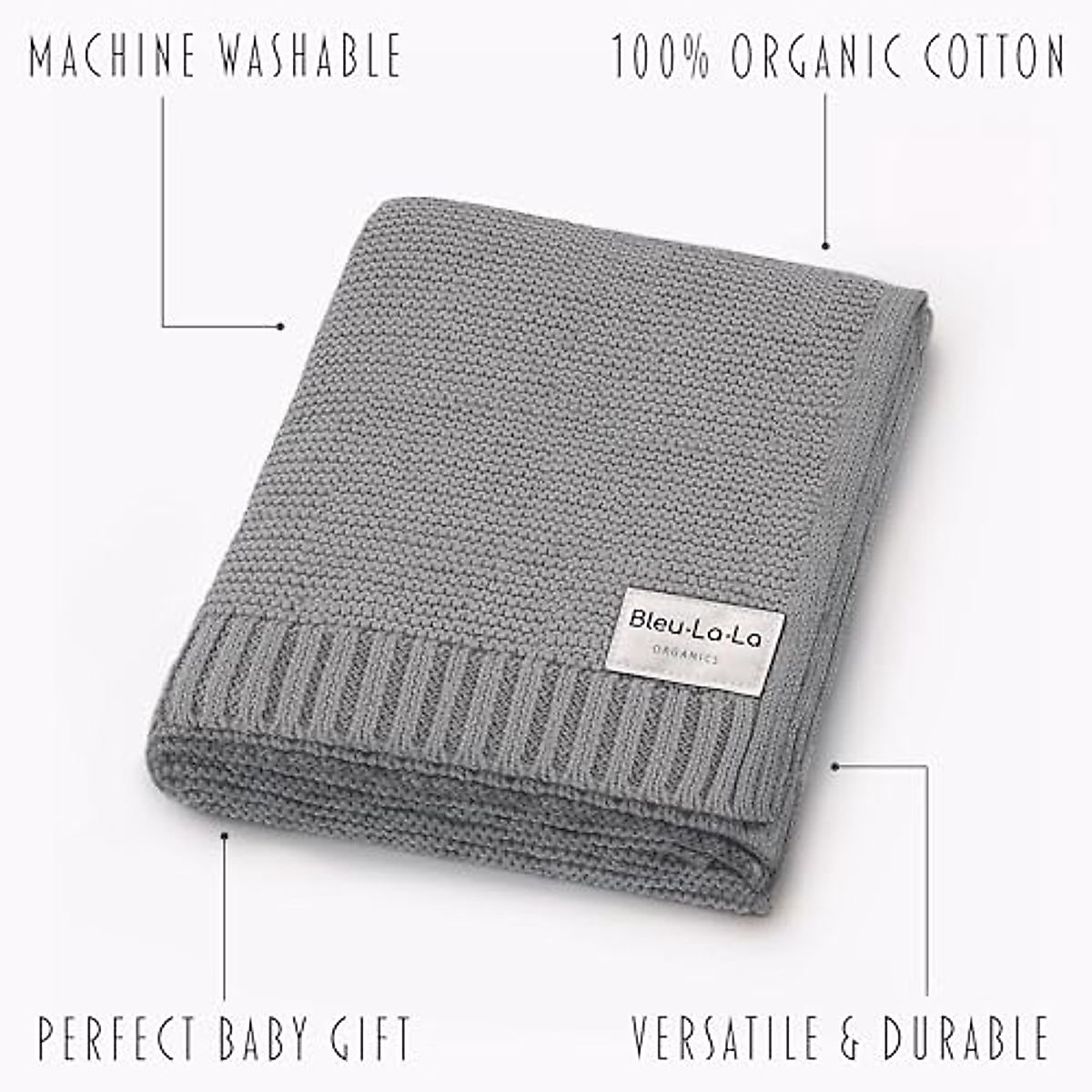Blue La La Organic Baby Receiving Blanket - 100% Luxury Organic Cotton Unisex Gender Neutral Knit Swaddle Soft Warm Cozy Cuddle Crib Blanket for Newborns Infants & Toddlers (0-2Yrs - Ash Grey)