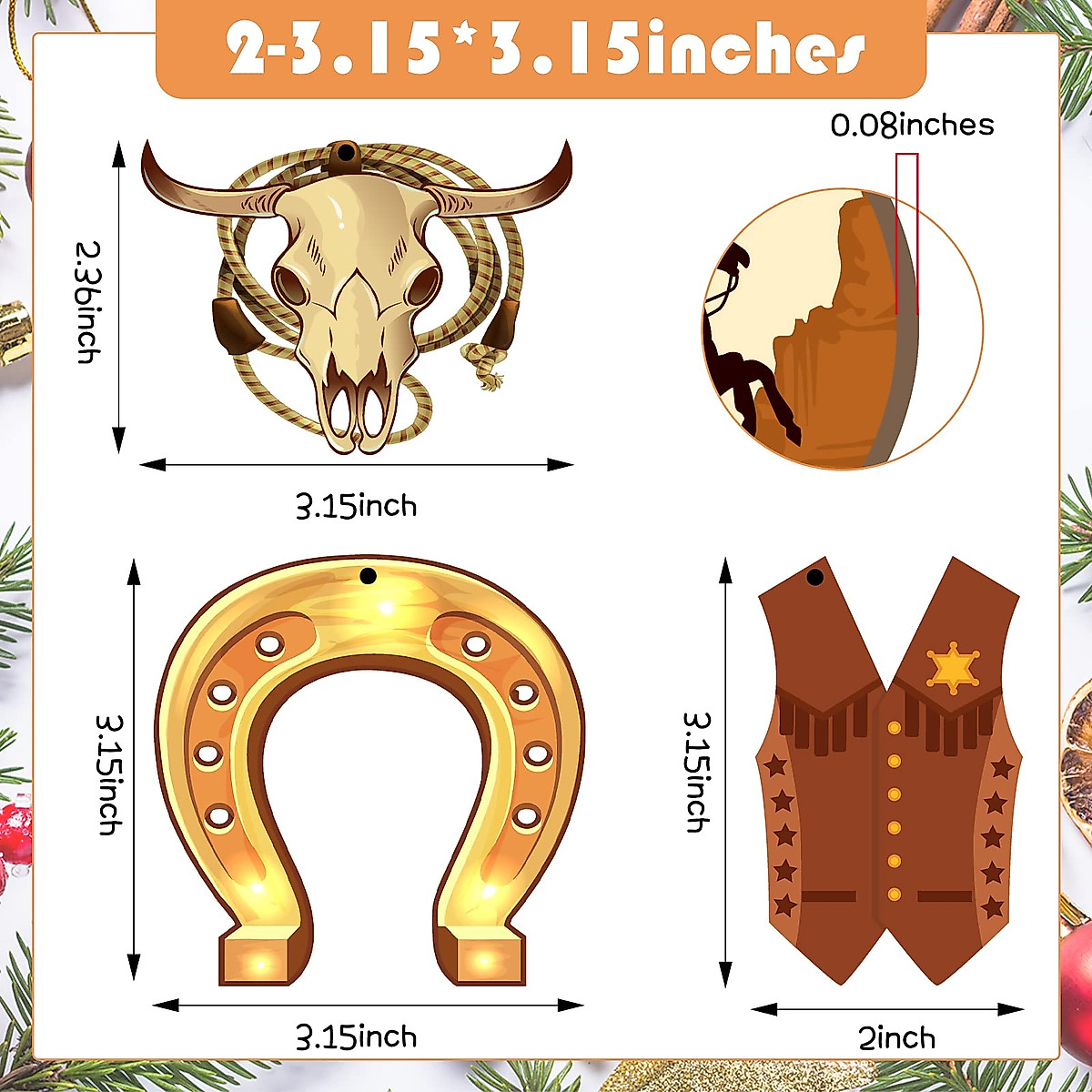 24 Pcs Christmas Western Cowboy Ornaments Wood Hanging Christmas Tree Ornaments Western Party Decorations Wooden Cowgirl Farm Hat Wild Boot Cow Horse for Xmas Tree Decoration