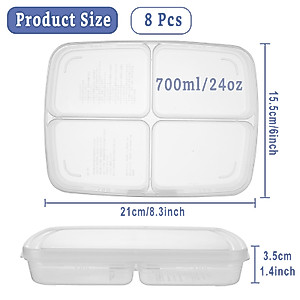 MUXHEL 8 Pcs 4 Compartment Food Storage Containers with Lids, BPA-Free Divided Serving Tray Container Reusable, Plastic Freezer Storage Containers for Storing Fruits, Vegetables, Meat
