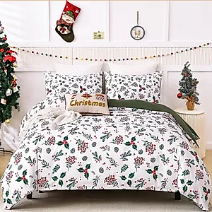 WONGS BEDDING Christmas Duvet Cover Set King,Merry Christmas Holly Berry Printed Bedding Duvet Cover,3 Pieces New Year Bedding Set with 2 Pillowcases 104”X 90”