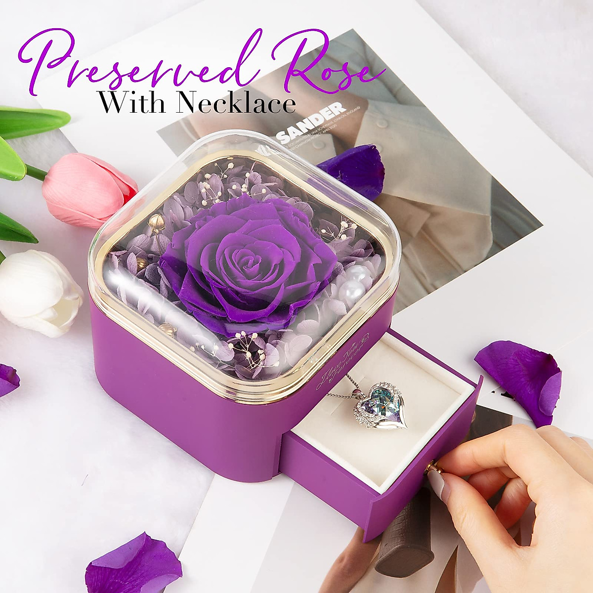 NEWNOVE Preserved Real Purple Rose with Purple Necklace -Forever Flowers Gifts for Mom Grandma Wife Girlfriend, Anniversary Birthday Gifts for Women I Love You Gifts for Her