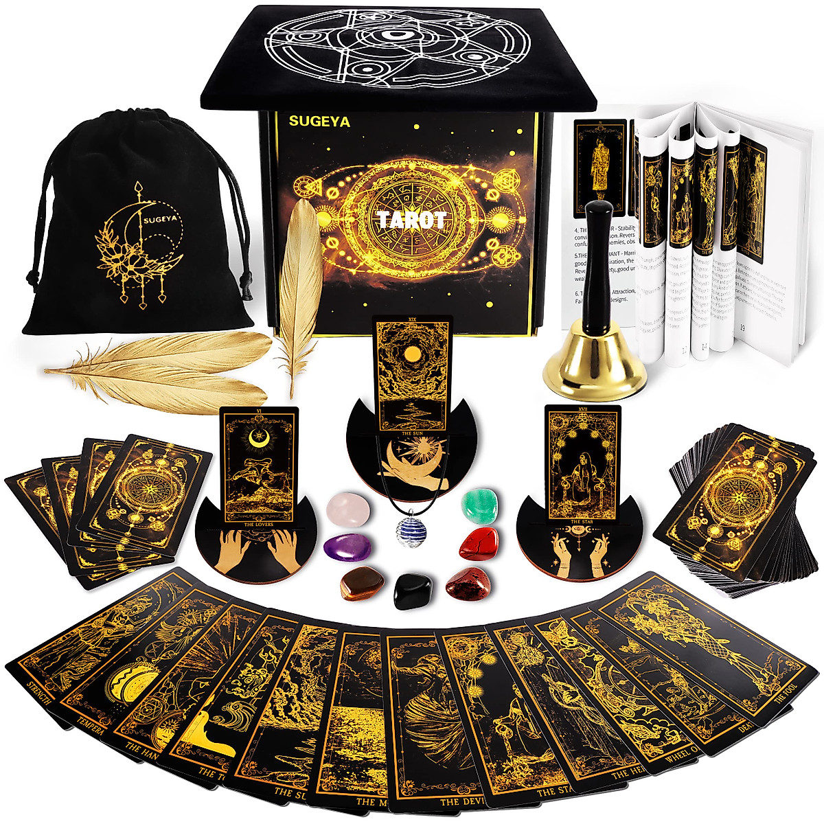 78 Tarot Cards with Guide Book, Black Tarot Deck Gift Set with Tarot Cloth, Chakra Stones and More, Tarot Cards Deck Fortune Telling Game Craft Cardboard for Beginners and Expert Readers