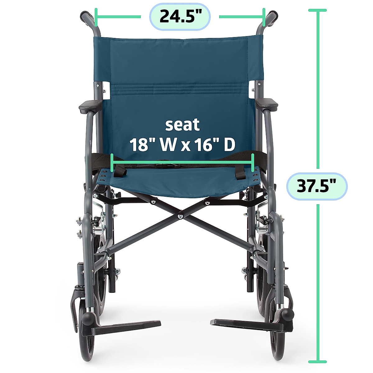 Medline Durable Folding Steel Transport Wheelchair with 12-Inch Wheels, 19-Inch Seat Width, Gray Frame, Microban, Teal Upholstery