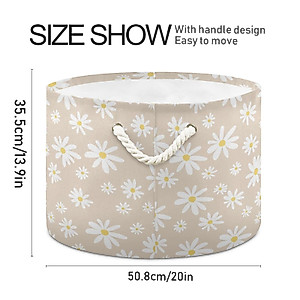 Burbuja Daisy on Beige Round Storage Basket with Cotton Rope Handles, Laundry Basket for Blankets, Toys, Nursery, Living Room Decoration
