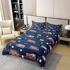Fire Truck Door Duvet Cover 100% Cotton Queen SizeCartoon Car Bedding Cotton Duvet Cover Set Police Car Bedding Set Firefighter Comforter Cover Set Firemen Car Vehicle Red Black Blue Bedspread Cover