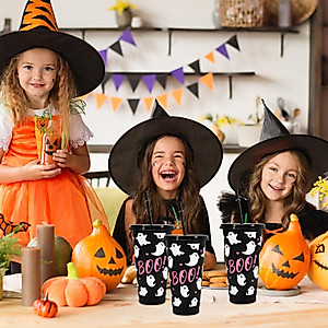 JarThenaAMCS 12Pcs Halloween Plastic Cups with Straw and Lid Cute Ghost Tumbler Boo Plastic Cups for Cold Drinks Halloween Decoration Party Favors
