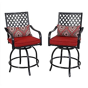 PHI VILLA Outdoor Swivel Bar Stools Set of 2, 27.5" Bar Height Patio Chairs with Red Seat Cushion, Extra Wide Bar Stools with Armrest & Back, Coating Old Craft (Pillow Included)