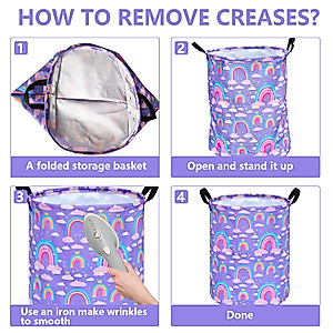 ACMUUNI 19.7 Inch Purple Rainbow Round Kids Round Laundry Clothes Hamper Dino Laundry Basket with Handles,Baby Toys Storage Organizer Bins Laundry Gift Basket for Boys and Girls Room, Bedroom Decor