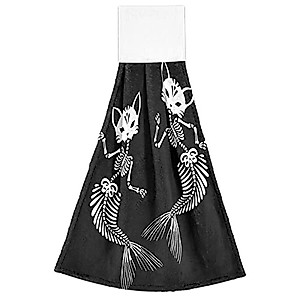 AUUXVA Kitchen Hand Towels 2 Pack Gothic Mermaid Skull Cat Hanging Tie Towels Quick Dry Absorbent Kitchen Towel Set with Loop for Bathroom Laundry Room Farmhouse Decor
