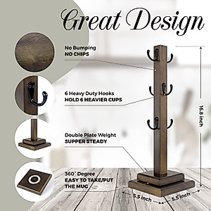 FABILE Coffee Mug Holder with 360 Degree Turn, Coffee Mug Tree, Rotated Solid Wooden Coffee Cup Holder Tree with 6 Metal Black Hooks, Mug Hanger for Kitchen Organizer (Walnut Color)
