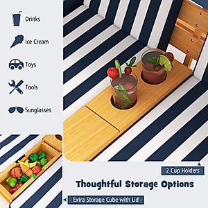 HONEY JOY Kids Chaise Lounge Chair Outdoor, Toddler Wood Double Pool Lounger Chairs w/Canopy, Cup Holders, Removable Stripped Fabric Cushions, 2-Person Kids Patio Furniture for Backyard (Navy Blue)