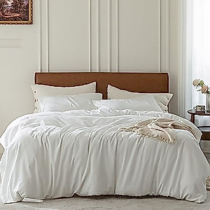 FOSSA Duvet Cover Set 100% Washed Cotton 3 Pieces Bedding Set Twill Soft Cozy Breathable Sturdy Substantial with Textured Weave Solid White Queen