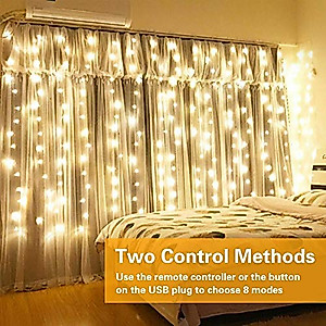 LIUPENGWEI LED Light String Curtain, Remote Control, 8 Modes Lights, Warm White LED 300 Fairy Lights, Decorative Light String Fairy, Home Garden Decoration Wedding Party Garden Ghost Light
