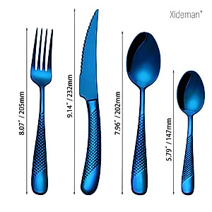 Xideman 16-Piece ​Modern Blue Hammered Silverware Set with Ultra Sharp 2-IN-1 Serrated knife, 18/10 Stainless Steel Flatware Set, Utensil Cutlery Set for 4 Person, Forks Spoons Knives Set
