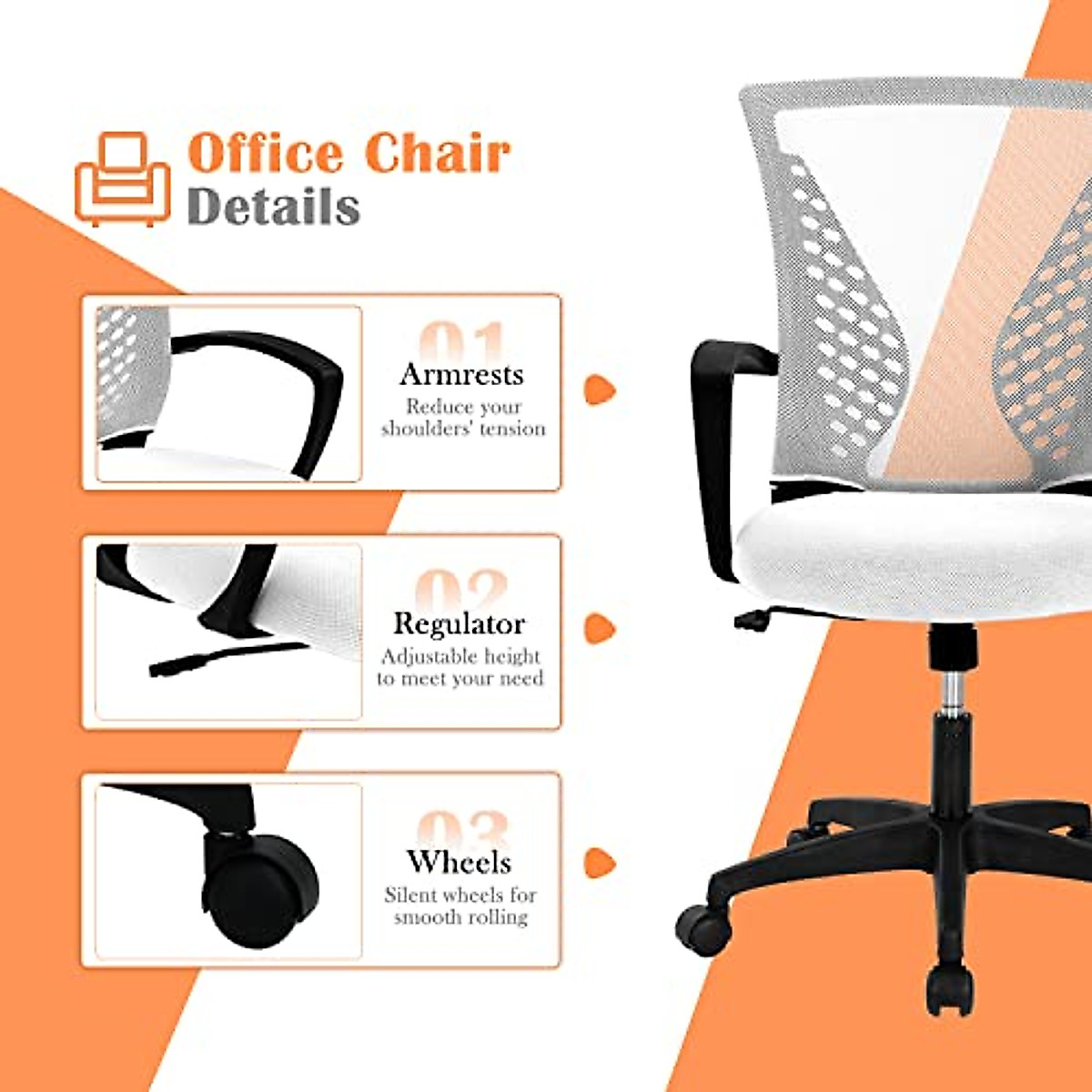 CL.Store Ergonomic Office Chair Home Desk Mesh Computer with Lumbar Support Armrest Modern Executive Rolling Swivel Task Work Mid Back Adjustable (White), MC-GF411-White