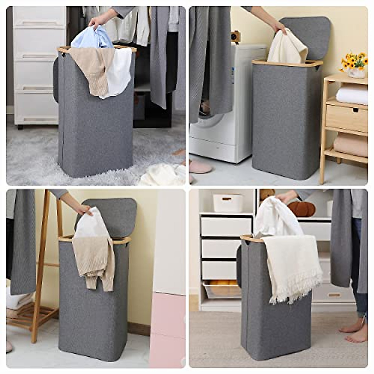 Bienvoun Laundry Basket with lid - 110L Large Waterproof Collapsible Clothes Laundry Hamper with Bamboo Handles for Clothes, Toys in Bedroom, dorm room and laundry room (Gray)
