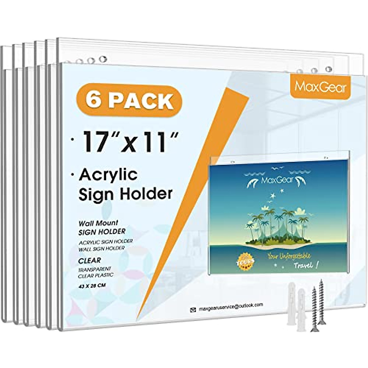 MaxGear Acrylic Sign Holder 11 x 17 inches Wall Mount Sign Holder with Screws Clear Plastic Wall Sign Holder Acrylic Frame for Office, Home, Store, Restaurant, Landscape, 6 Pack