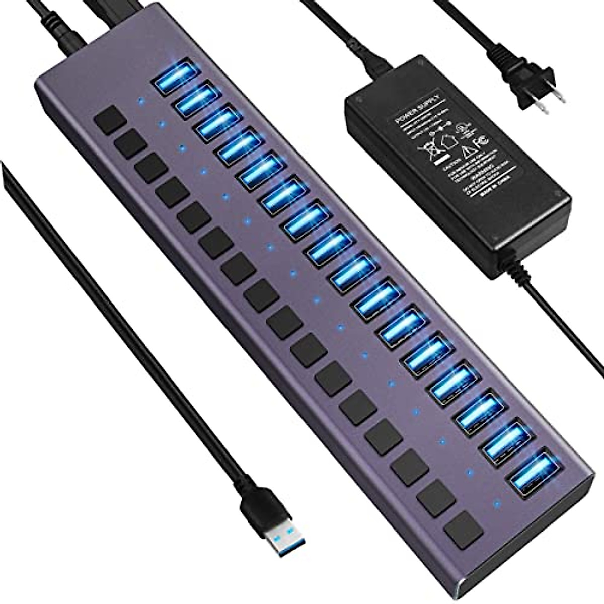 USB 3.0 Hub -16 Ports Powered USB Hub 90W USB Charging Hub with Individual On/Off Switches and 12V/7.5A Power Adapter and Lights for PC, Laptop, Computer, Mobile HDD, Flash Drive and More（Purple）