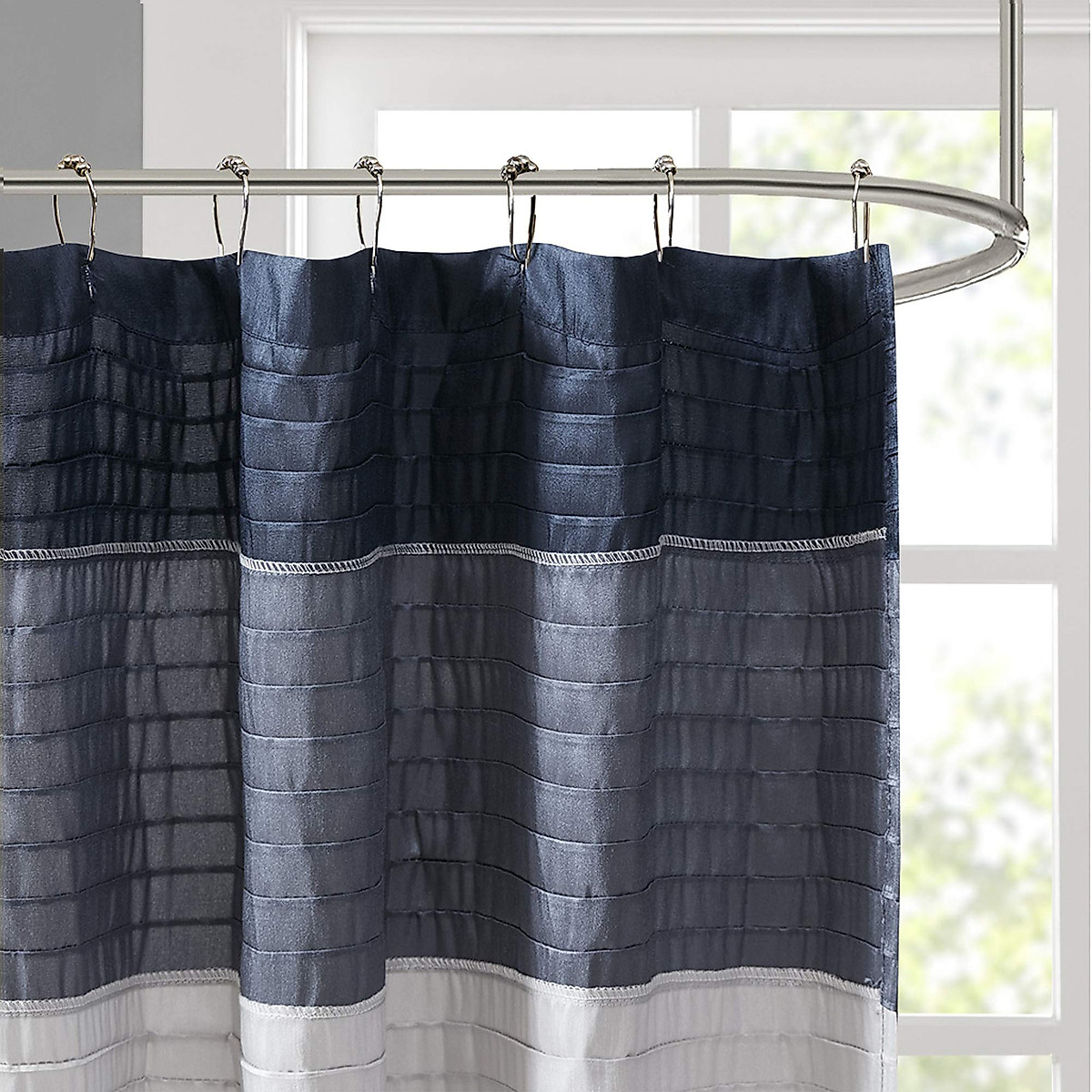 Madison Park Amherst Bathroom Shower Curtain Faux Silk Pieced Striped Modern Microfiber Bath Curtains, 72x72 Inches, Navy