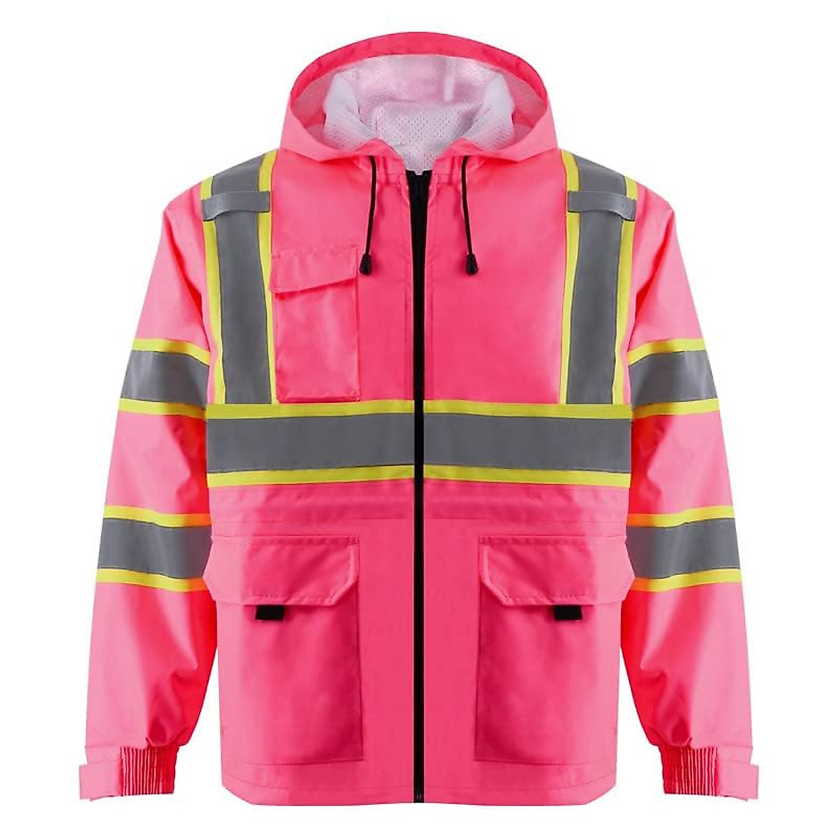 ZUJA High Visibility Bomber Safety Jacket ANSI Class 3 Reflective Jacket Pocket and Zipper Reflective Hoodie Windproof Hi Vis Rain Jacket for Men & Women (Pink, M)