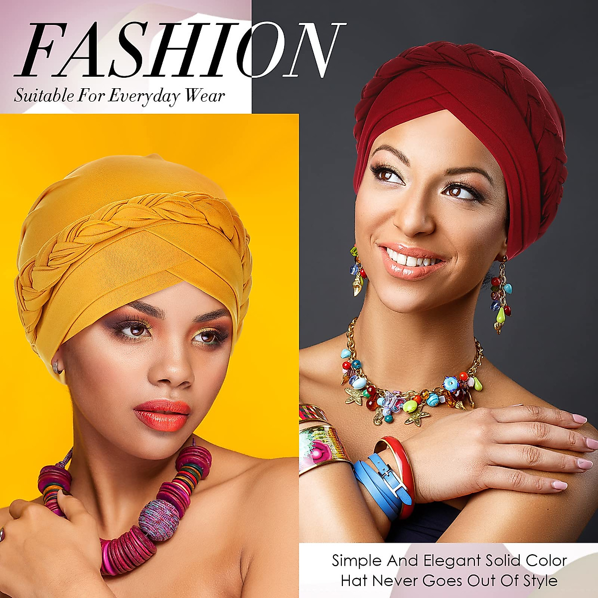 12 Pack Braid Turban Cap for Women Ethnic Bohemia Twisted Hair Cover Wrap Hat African Pre Tied Bonnet Cancer Braid Turban Hat Beanies Headwear Multicoloured