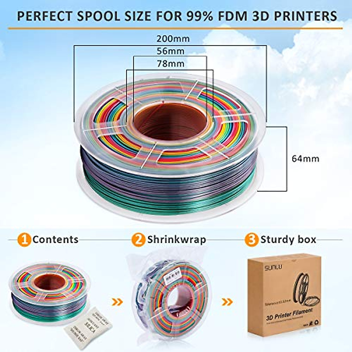 SUNLU Rainbow Silk PLA+ 3D Printer Filament PLA Rainbow 3D Printer Filament, 3D Printing PLA+ Filament 1.75mm, 1kg(2.2LBS) Spool, Rainbow