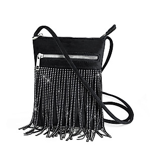 HOXIS Tassel Crossbody Bag Bling Glitter Purse Sparkle Women Evening Bag (Black)