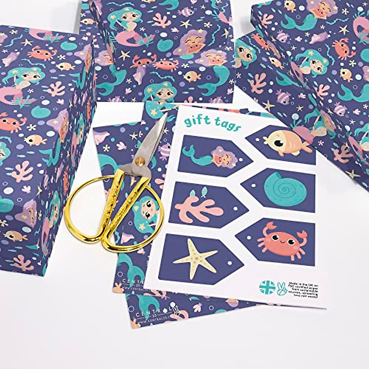 CENTRAL 23 Mermaid Wrapping Paper - 6 Gift Wrap Sheets For Girls - Underwater Creatures - Baby Girl Wrapping Paper - Recyclable