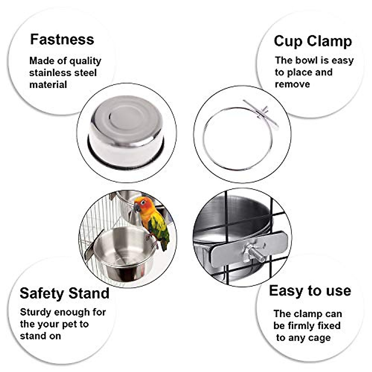 ymmsuuie 2 Pack Bird Food Bowl with 1 Fruit Skewer Holder, Stainless Steel Parrot Feeder with Clamp for cage,Stainless Steel Bowls for Cats and Dog, Bird Cage Food Water Bowls