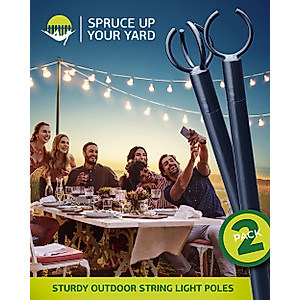BACKYARD THERAPY Outdoor String Light Poles - 9ft Pole for Hanging Lights Outside - Galvanized & Powder Coated - Secure Ground Grip Stand - Garden, Deck, or Patio Area Lighting (2-Pack)