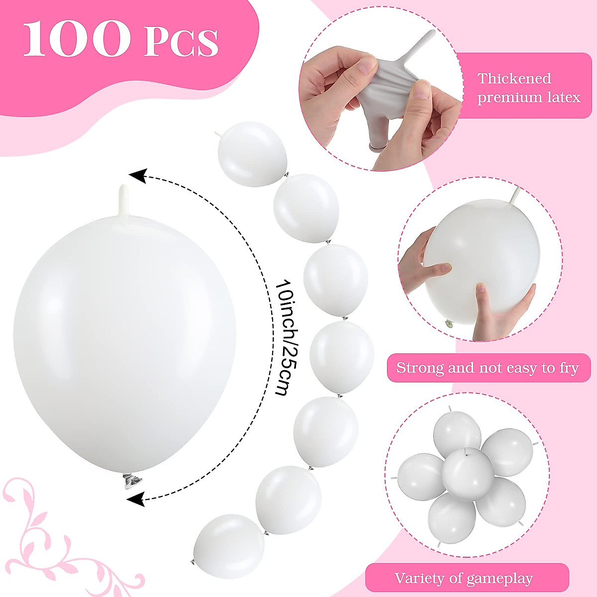 100 Pcs Link Balloon Linking Balloon Latex Linkable Balloons Connected Wedding Party Decoration (White, 10 Inch)