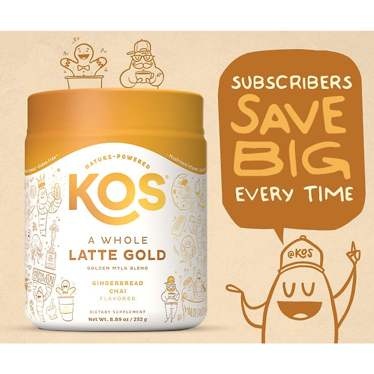 KOS Golden Mylk with Tumeric and Ginger, Organic Superfood Latte Powder, Adaptogen Mushroom Blend - Coffee Creamer, Dessert & Smoothie - Caffeine Free, Vegan, Dairy-Free, Gingerbread Chai, 28 Servings