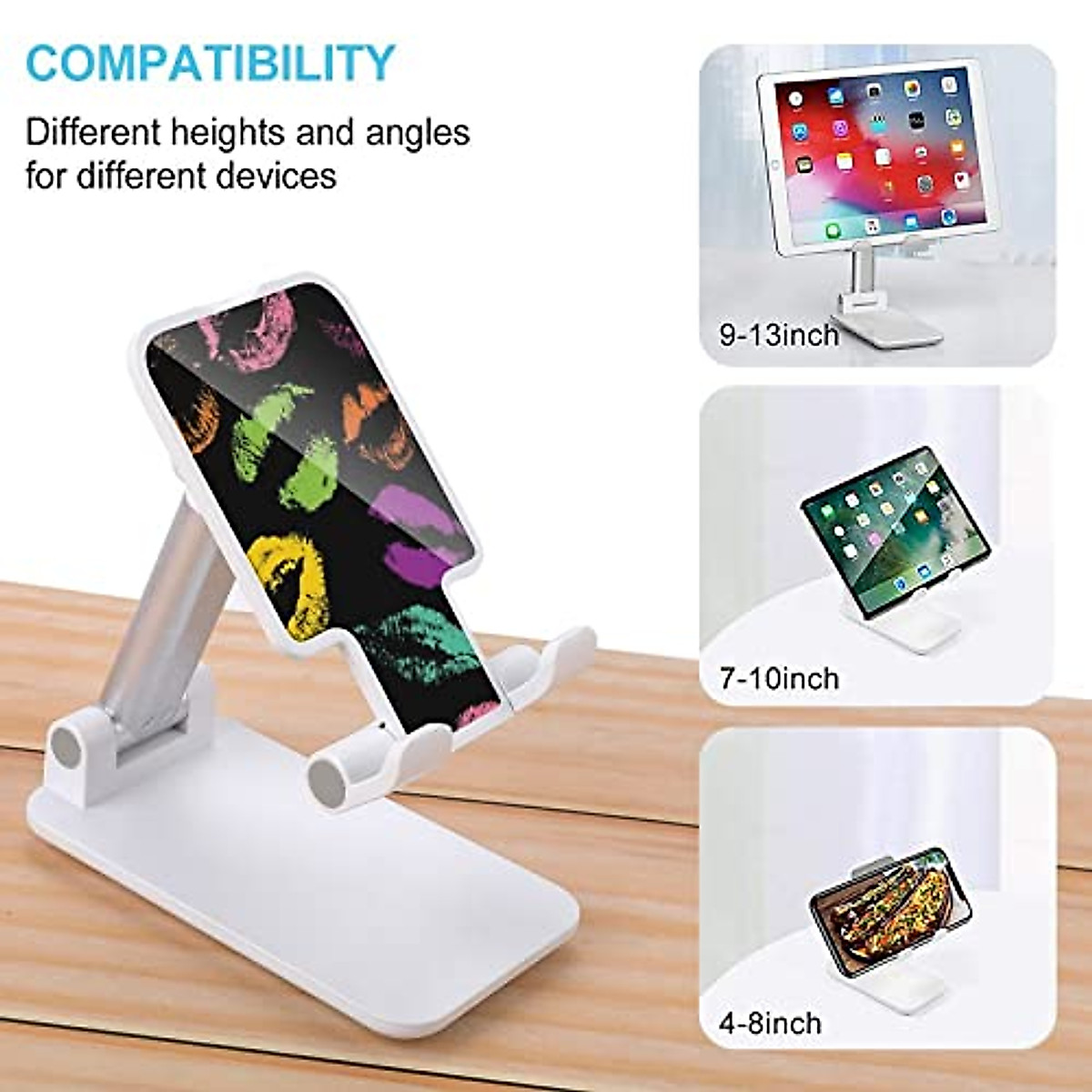 Colors Lips Prints Foldable Desktop Cell Phone Holder Portable Adjustable Stand for Travel Desk Accessories