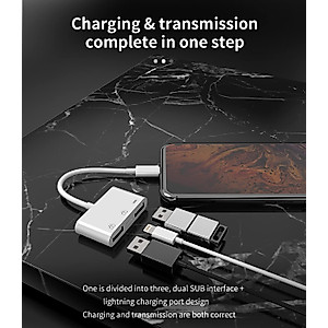 iPhone OTG Adapter Charger Cable Dongle Lightning Male to Dual USB Female Camera Memory Stick Flash Drive Cord Reader Mouse Keyboard Converter Card Charging Splitter for 14 13 12 11 Pro Max 7 8