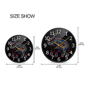 ALAZA Ethnic Folk Art Indian Elephant Acrylic Painted Silent Non-Ticking Round Wall Clock, 9.5 Inch Battery Operated Quiet Desk Clock Home Art Bedroom Living Dorm Room Office School Decor