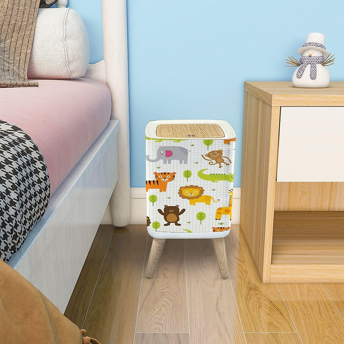 PHAIBHKERP Trash Can with Lid Seamless Cute Character Animals Jungle Cartoon Animal Zoo Garbage Can Rectangular Waste Bin Press Cover Dog Proof Wastebasket for Kitchen Bathroom Living Room Nursery