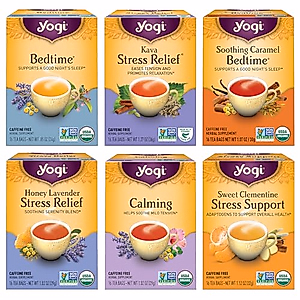 Yogi Tea Stress Relief & Herbal Tea Variety Pack - 16 Tea Bags per Pack (6 Packs) - Organic Herbal Tea Sampler - Includes Bedtime Tea, Kava Stress Relief Tea, Soothing Caramel Bedtime Tea & More