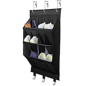 coastal rose Over the Door Shoe Organizer, Hanging Shoe Rack Organizer for Closet Door with 12 Deep Pockets & 3 Metal Hooks, 3-Tier Hanging Shoe Storage Organizer,Shoe Holder for Back of Door,Black