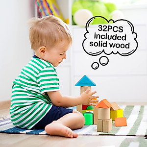 FOPNETS Large Wooden Blocks Construction Building Toys Set Educational Preschool Learning Toys with Carrying Bag Stacking 32 Pieces Toddler Blocks Toys for 3+ Year Old Boy and Girl Gifts