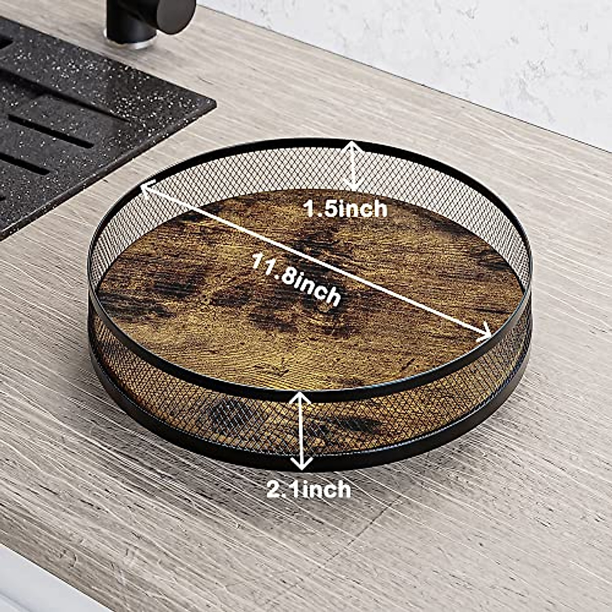 Lazy Susan Turntable Organizer for Cabinet Pantry Kitchen Countertop Table, 12" Wood Lazy Susan Spice Rack, Rustic Brown, Black