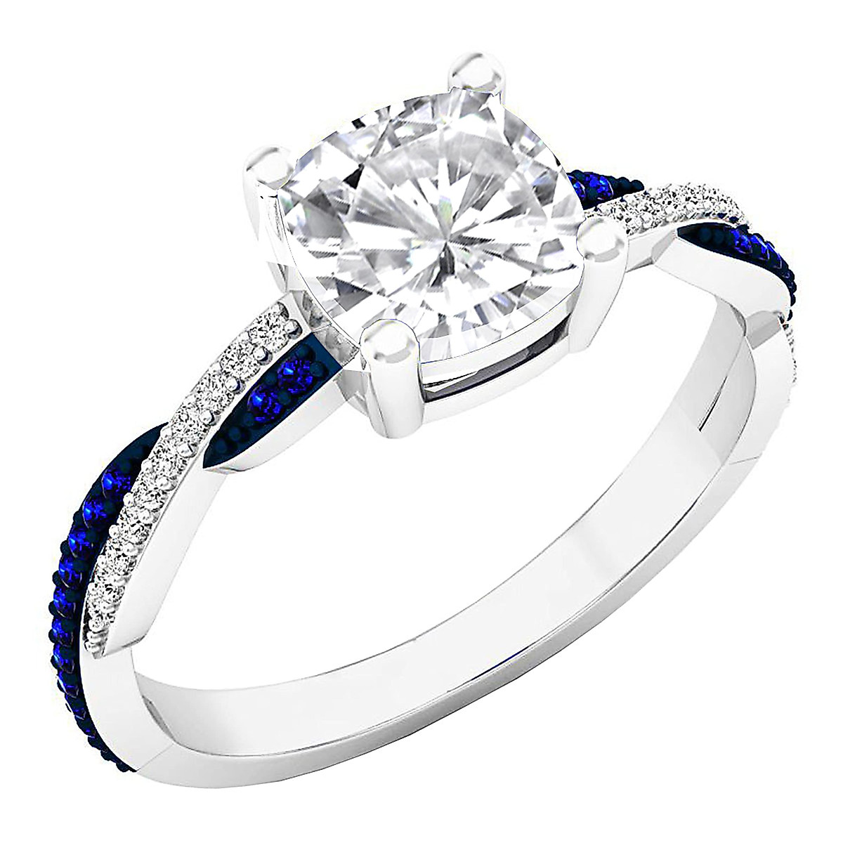 Dazzlingrock Collection 6 MM Cushion Lab Created White Sapphire with Round Blue Sapphire & Diamond Women Engagement Ring | 14K White Gold, Size 6
