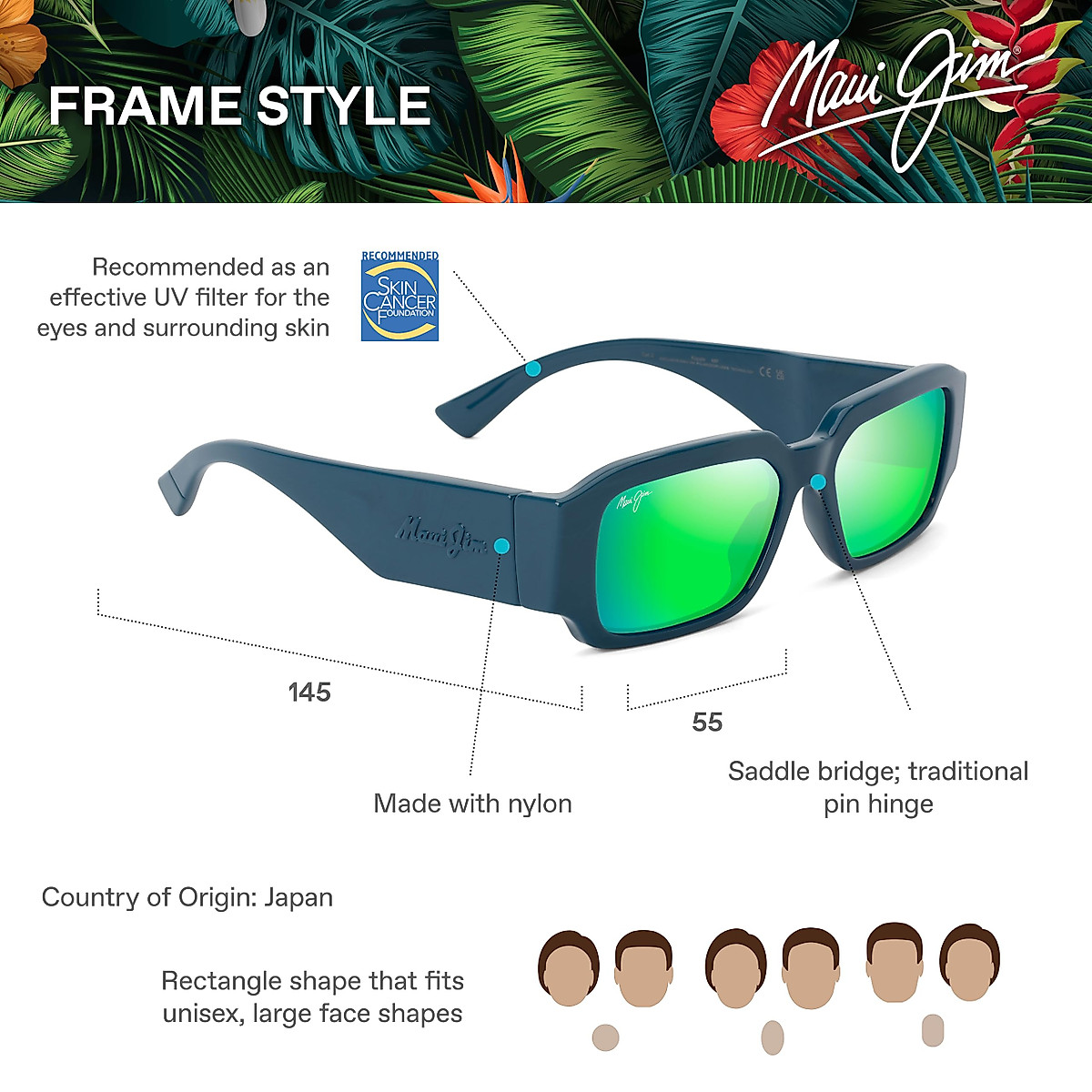 Maui Jim Kupale Rectangle Sunglasses, Shiny Petrol Blue/Mauigreen Polarized, Large