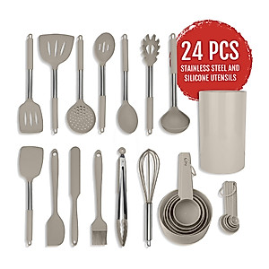 Silicone Kitchen Utensils Set - Culinary Couture 24-Pieces Khaki Silicone Cooking Utensils Set for Nonstick Cookware - Silicone Spatulas Set, Stainless Steel Handle & Other Kitchen accessories