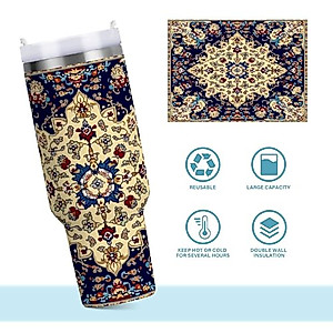 Jihqo Baroque Style Flowers 40 oz Stainless Steel Vacuum Insulated Tumbler with Handle and Straw Lid, Leakproof Water Bottle Double Wall Travel Mug Coffee Cup, Cupholder Friendly