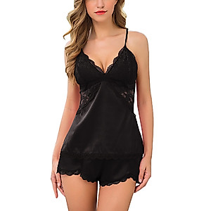 Avidlove Sexy Pajamas for Women Sleepwear Satin Pajamas Set Lace Camisole Shorts Nightwear (Small, Black)