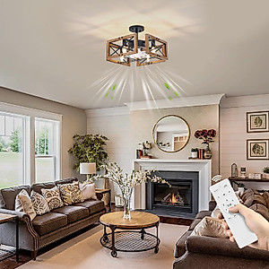 Farmhouse Ceiling Fans with Lights, Wood Flush Mount Ceiling Fan Lights with Remote Control,Caged Indoor Ceiling Fan with Light for Living Room,Bedroom,Kitchen